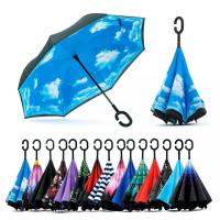China 23 Inch C Shape Handle Inverted Reverse Umbrella with Double Layer UV Protection and Custom Logo Printing for sale