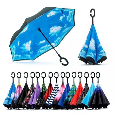 China 23 Inch C Shape Handle Inverted Reverse Umbrella with Double Layer UV Protection and Custom Logo Printing for sale