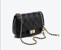China Mini Female Crossbody Bag 20cm Black PU Leather Purse with Gold Chain for sale