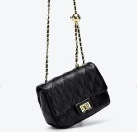 China Mini Female Crossbody Bag 20cm Black PU Leather Purse with Gold Chain for sale
