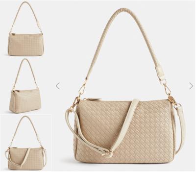 China Hand Woven PU Leather Messenger Bag for Women 25x14cm White Shoulder Crossbody Bag for sale