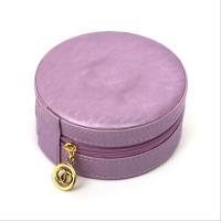 China Genuine Leather Round Mirrored Jewelry Box 11x11x5cm Zip Closure Custom for sale