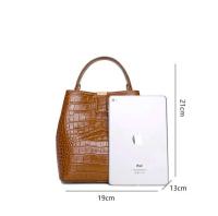 China Brown Crocodile Embossed Leather Handbag One Shoulder Retro Bucket Bag 19x13x21cm for sale