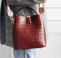 China Brown Crocodile Embossed Leather Handbag One Shoulder Retro Bucket Bag 19x13x21cm for sale