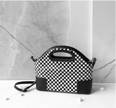 China Horsehair Black White Checkered Handbag 24cm Shoulder Bag Detachable Strap Leather for sale