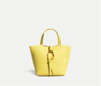 China 16cm Yellow Cowhide Leather Tote Bag Trapezoid Handbag for Women for sale