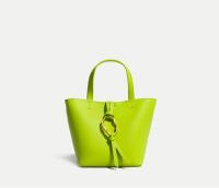 China 16cm Yellow Cowhide Leather Tote Bag Trapezoid Handbag for Women for sale