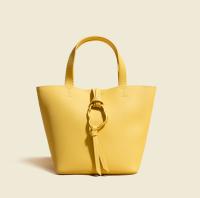 China 16cm Yellow Cowhide Leather Tote Bag Trapezoid Handbag for Women for sale