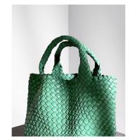 China Hand Woven Leather Tote Bag 28cm Green Large Capacity Handheld Women Purse for sale