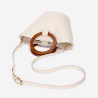 China 20cm Women's Leather Bucket Bag with Wooden Ring Handle Portable Handbag for sale
