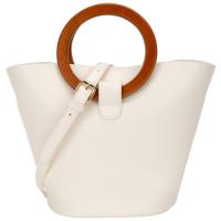 China 20cm Women's Leather Bucket Bag with Wooden Ring Handle Portable Handbag for sale
