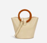 China 20cm Women's Leather Bucket Bag with Wooden Ring Handle Portable Handbag for sale