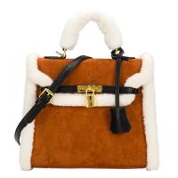 China 25cm Women's Leather Bag Lambswool Plush Brown Velvet Handbag Custom Logo for sale