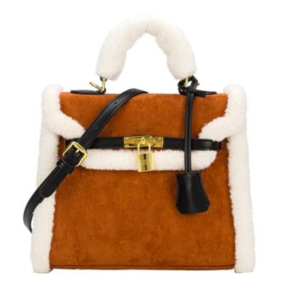 China 25cm Women's Leather Bag Lambswool Plush Brown Velvet Handbag Custom Logo for sale