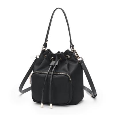 China Ladies Black Cross Body Bag 18x12x22cm PU Nylon Shoulder Handbag Lace Up for sale