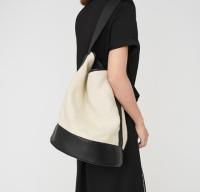 China PU Leather Linen Stitching Bucket Bag 29x34cm Yellow Shoulder Handbag for sale