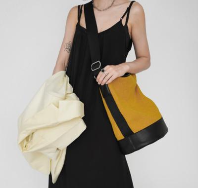China PU Leather Linen Stitching Bucket Bag 29x34cm Yellow Shoulder Handbag for sale