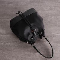 China Women's Leather Drawstring Bucket Bag 22cm Head Layer Leather Black Clockkeeping Bag for sale