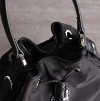 China Women's Leather Drawstring Bucket Bag 22cm Head Layer Leather Black Clockkeeping Bag for sale