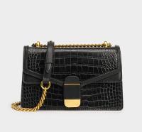 China PU Leather Shoulder Bag 23cm 9cm Black Crocodile Embossed Crossbody Bag with Removable Strap for sale