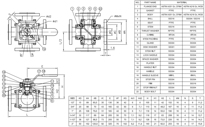 4 Way Ball Valve SS316 Body / Ball / Stem PTFE seats Flange ANSI Class 150 Ball Valve 0