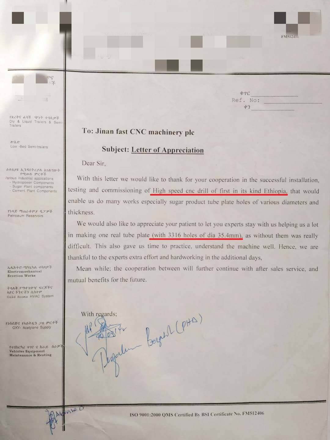 LETTER OF APPRECIATION FROM ETHOPIA CUSTOMER LETTER OF APPRECIATION FROM ETHOPIA CUSTOMER