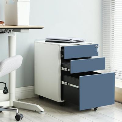 China White Blue Metal Rolling Vertical Pedestal File 39cm Wide 3-Drawer Steel Cabinet Lockable Office Mobile Home School Home Office for sale