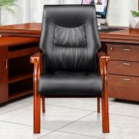 China Basics Conference Wooden Task Desk Armrests Meeting Chair with Black Faux Leather Padded High-Back Training Chair for Office for sale