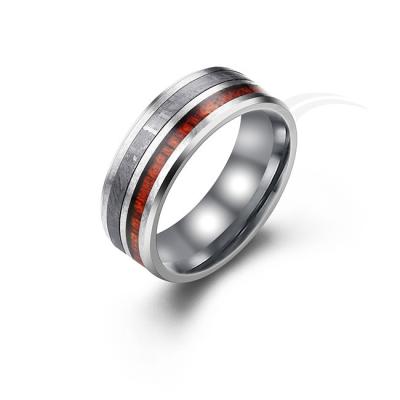 China Engravable Real Meteorite Ring Natural Wood Veneer Tungsten Band Ring for sale