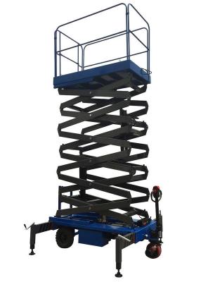 China Working Height 14m Mobile Scissor Lift 450Kg Loading Capacity of Manual Pushing and Rain-proof Control Cabinet for sale