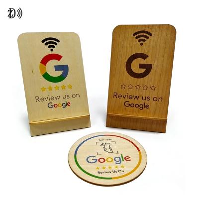 China Customized Laser Engraved LOGO QR Code NTAG213 Wooden Google Review Card Stand NFC Google Review Cards for sale