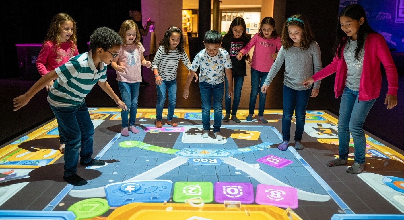 School children playing educational board game on interactive floor