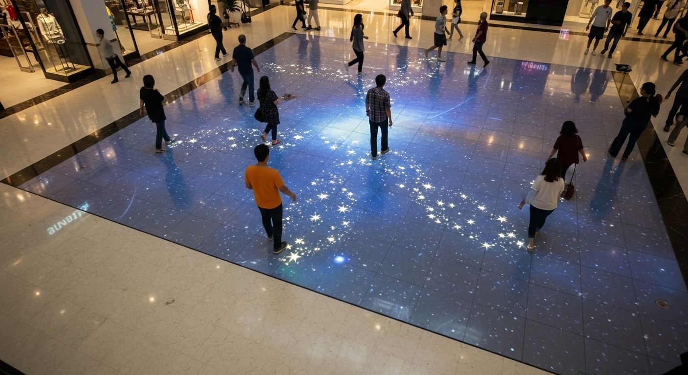 Interactive floor projection Shoppers walk through the mall atrium, leaving a trail of twinkling stars behind them.