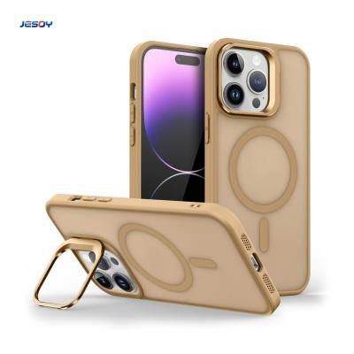 China Camera Stand Magsafe Phone Cover Translucent Backplate Phone Case Skin Friendly for sale