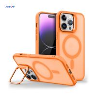 China Camera Stand Mobile Phone Cover Orange Translucent Matte Phone Case Anti Fingerprint With Magsafe Cover for sale