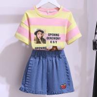 China Striped Strawberry Denim Fabrics Primary Children'S Clothing Girl'S 2pcs Set for sale