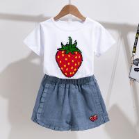 China White And Pink Strawberry Cotton Little Girls Clothes Girls Outfit Sets for sale