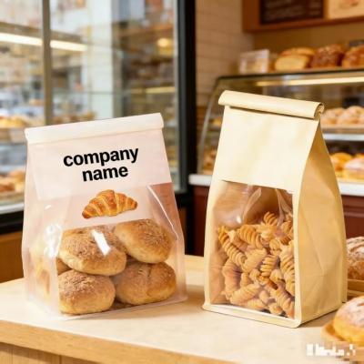 China Custom Printed Bread Food Kraft Paper Bags Resealable Mylar Window Flat Bottom Packaging for sale