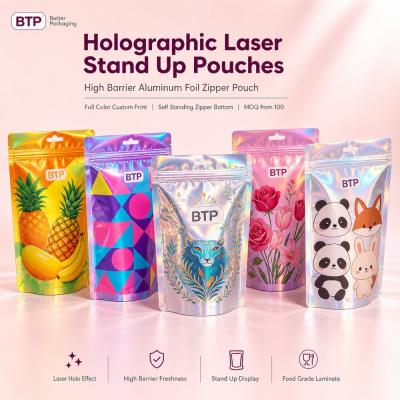China Holographic Laser Stand Up Pouches High Barrier Aluminum Foil Zipper Bags Full Color Custom Printing Food Grade Self Standing Packaging Pouch With Hang Hole MOQ 100 for sale