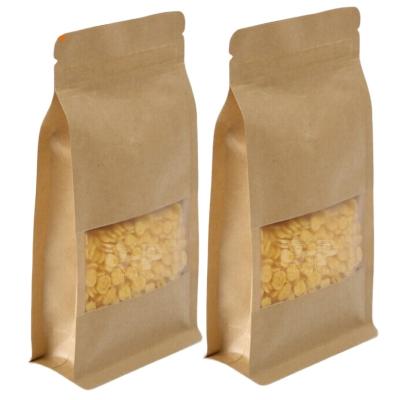China Custom Flat Bottom Stand up Zipper Brown Kraft Paper Resealable Nuts Food Doypack Packaging Pouches Bag With Clear Window for sale