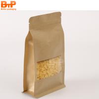 China Custom Flat Bottom Stand up Zipper Brown Kraft Paper Resealable Nuts Food Doypack Packaging Pouches Bag With Clear Window for sale