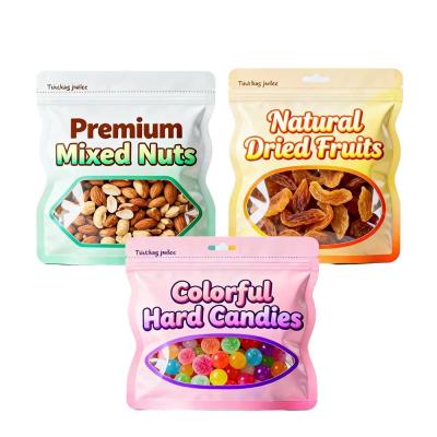 China Custom Food Grade PE Resealable Three-Side Sealed Clear Window Snack Packaging Pouch for Dried Fruit and Nut Candy for sale