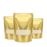 China Custom BPA Free Food Grade Gold Stand-Up Resealable Zipper Pouches with Clear Window and Custom Logo for Food Storage for sale