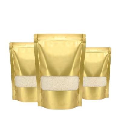 China Custom BPA Free Food Grade Gold Stand-Up Resealable Zipper Pouches with Clear Window and Custom Logo for Food Storage for sale