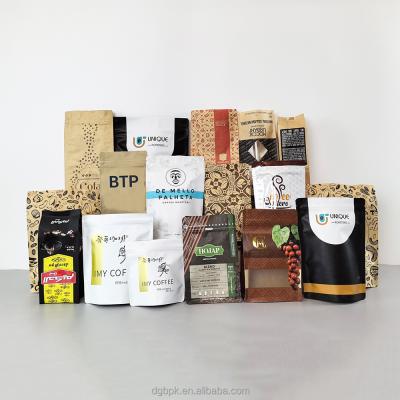 China Kraft Paper Coffee Bags Stand up Coffee Pouches With One Way Degassing Valve and Reusable Side Zipper for sale