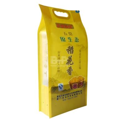 China Custom Printed Stand up Pouch Nylon Plastic 5kg 10kg Flat Bottom Rice Flour Food Packaging Bags with Handle for sale