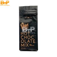 China Custom Logo Flat Bottom Plastic Packaging Black Bag With Pocket Zipper And Valve For Coffee Beans And Tea Leaf And Hot Chocolate for sale