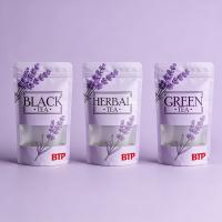China Custom Logo Heavy-Duty Durable Food Grade BPA Free PE Tea Stand up Pouch with Resealable Zipper Top Tear Notch & Clear Window for sale