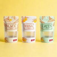 China Custom Logo Heavy-Duty Durable Food Grade BPA Free PE Tea Stand up Pouch with Resealable Zipper Top Tear Notch & Clear Window for sale