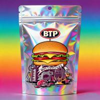 China Custom Holographic Stand Up Zipper Mylar Bag, American Burger Trend Illustration Resealable Food Pouch, MOQ 100 Small Batch Digital Printing, Hang Hole Moisture & Light Proof Snack Aluminum Foil Packa for sale